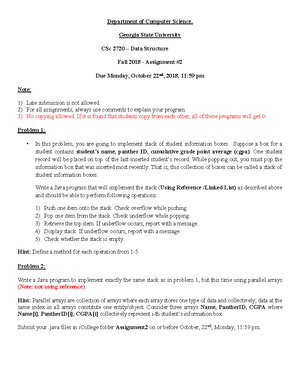 Data Structures Homework 2 - HW 2 Note: 1. For all program assignments ...