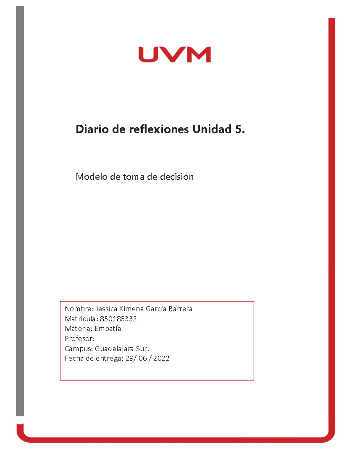 Diario de reflexiones Unidad 5. Modelo de toma de decisión - Diario de reflexiones Unidad 5 ...