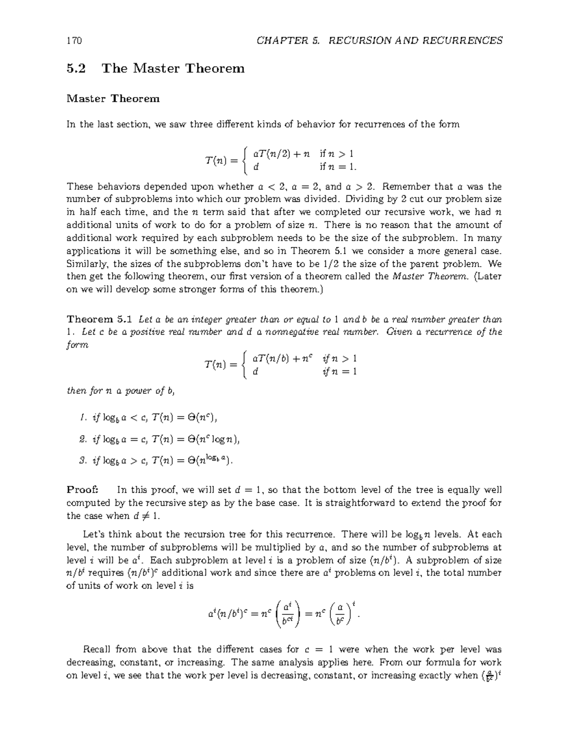 M CS 401 – Notes on The master Theorem - 170 CHAPTER 5. RECURSION AND ...