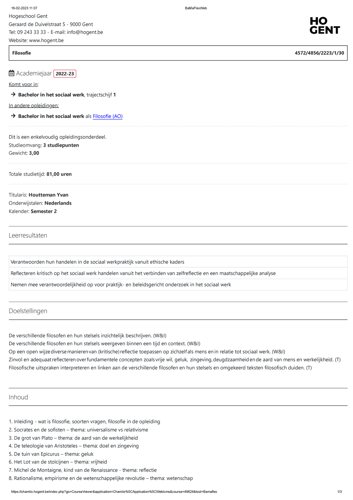 Studiefiche Filosofie - HoGent - Studocu