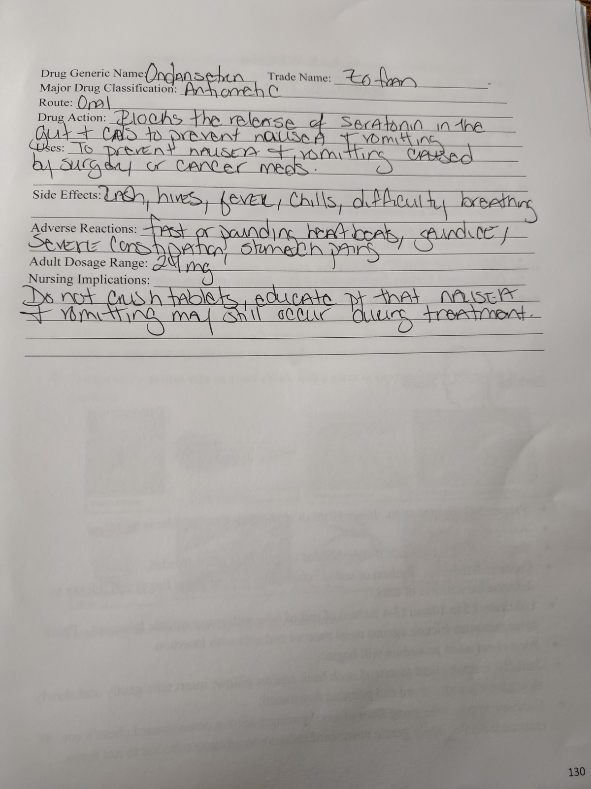 NUR160 Week4 - WEEK 4 COURSE WORK - Drug Generic Name OndAnsetun Major ...