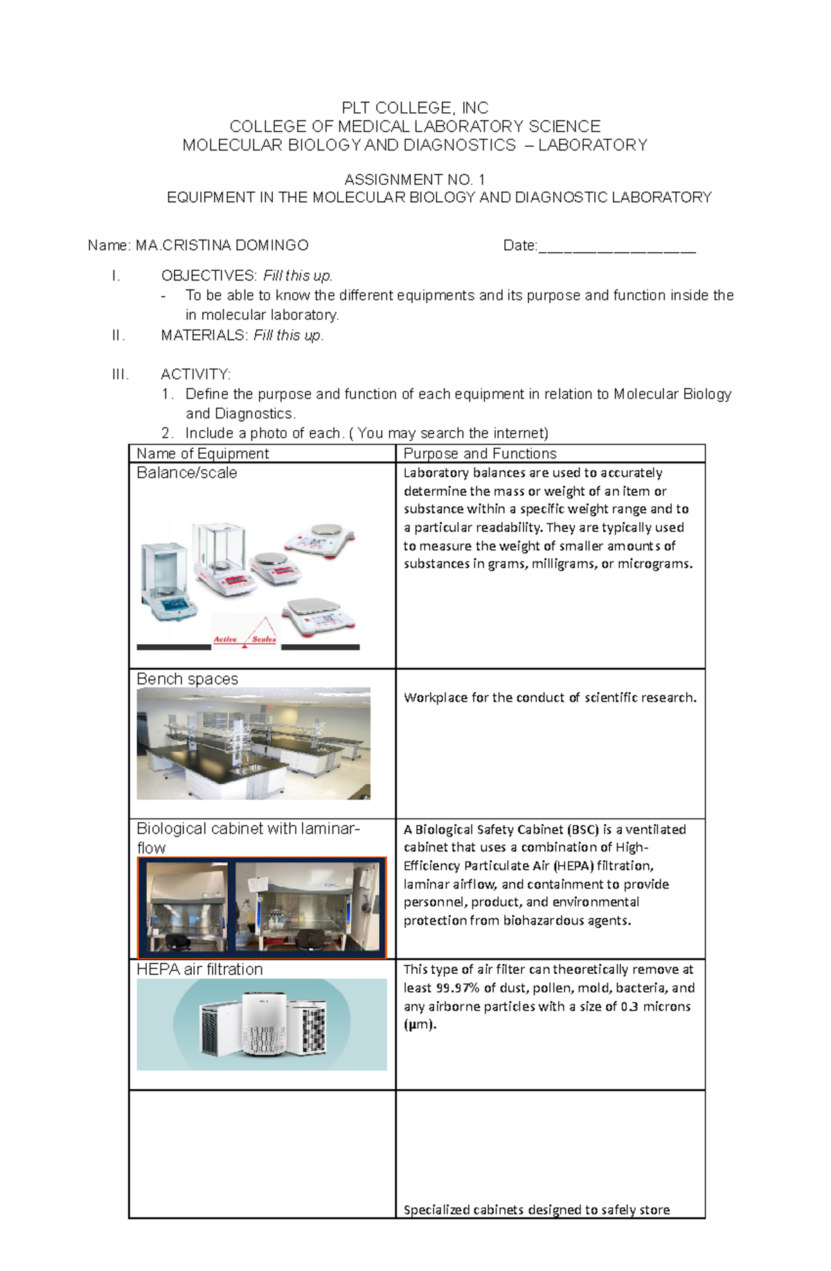 ASS.1, Molecular Biology- Domingo, MA. Cristina B - PLT COLLEGE, INC ...