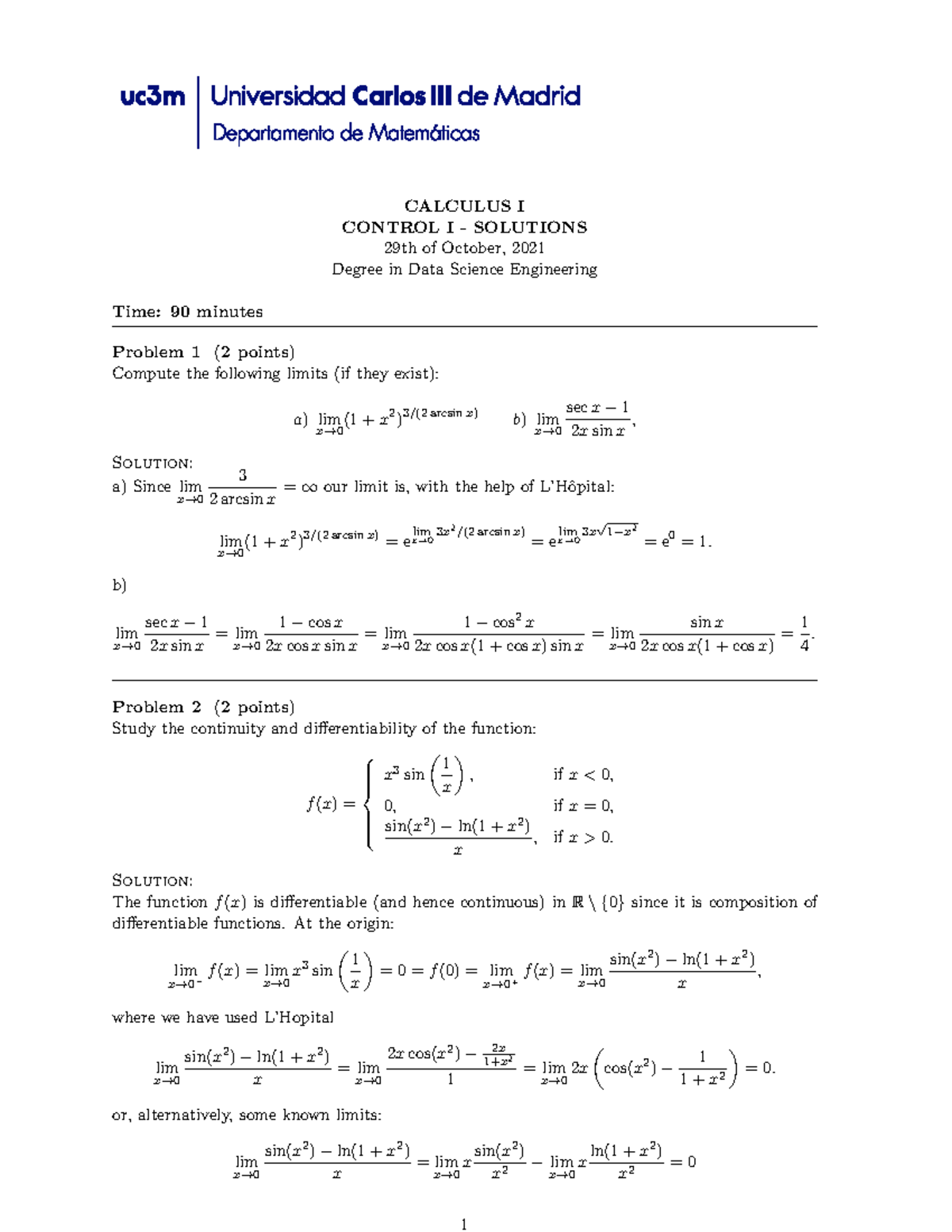 Solutions control 1 - CALCULUS I CONTROL I - SOLUTIONS 29th of October ...
