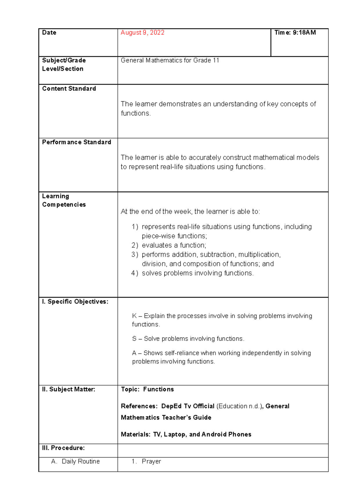 Lesson-Plan-General Mathematics - Date August 9, 2022 Time: 9:18AM ...
