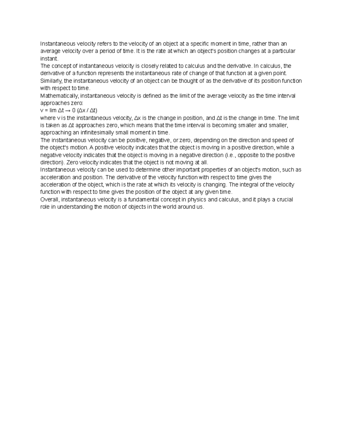 Instantaneous velocity Notes - Instantaneous velocity refers to the ...