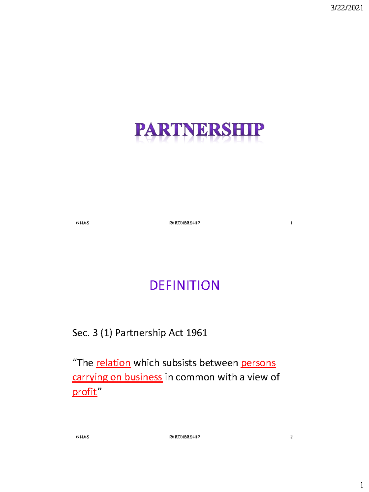 Partnership 1 - Lecturer Note - NHAS PARTNERSHIP 1 DEFINITION Sec. 3 (1 ...