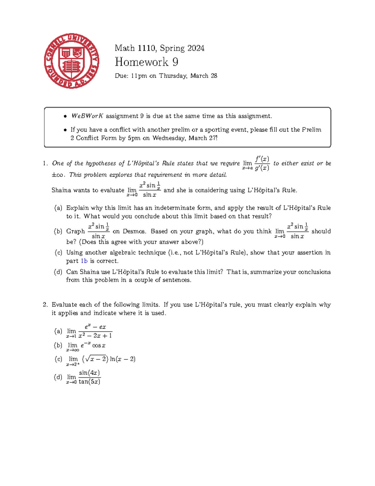 Homework+9 - HW 9 - Math 1110, Spring 2024 Homework 9 Due: 11pm on ...