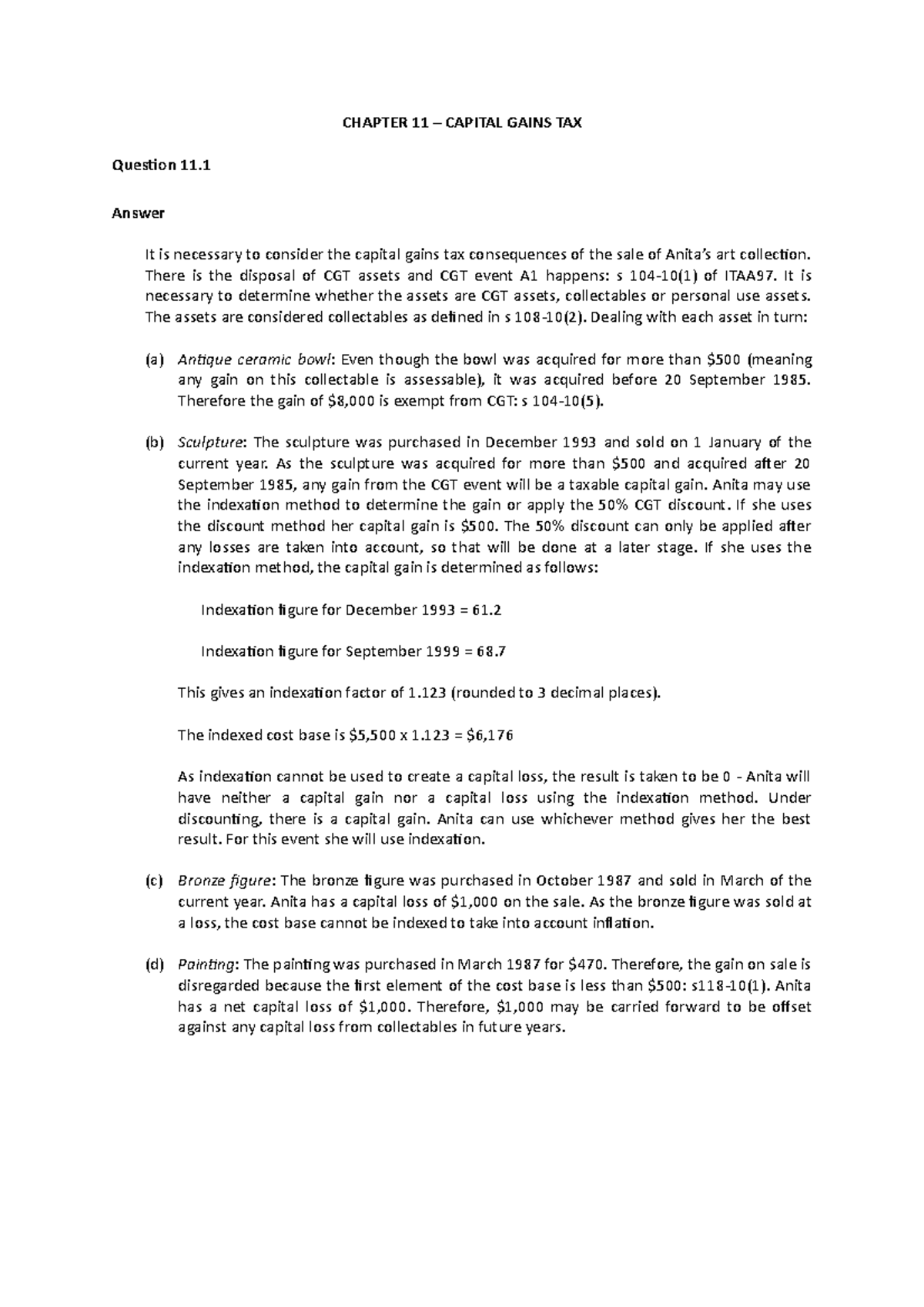 Taxation CGT Solutions - CHAPTER 11 – CAPITAL GAINS TAX Question 11 ...