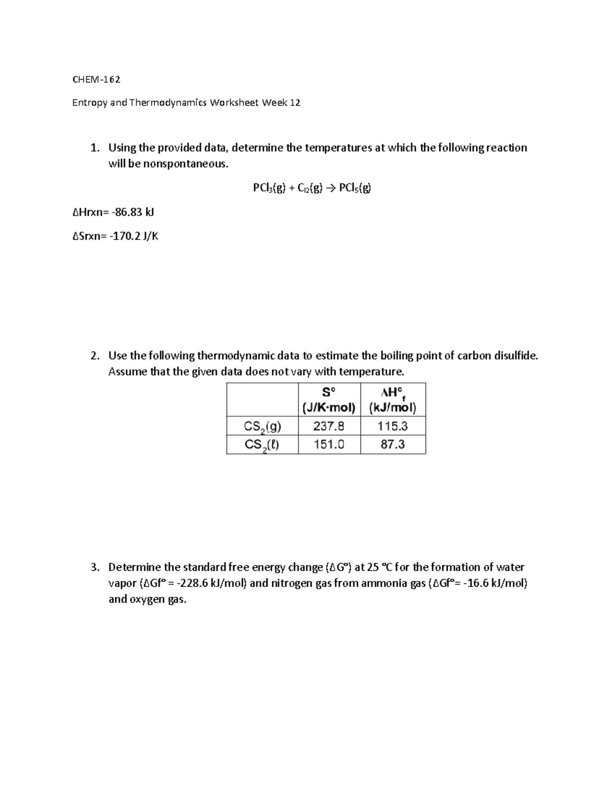 Recitation Worksheet - CHEM- Entropy and Thermodynamics Worksheet Week ...