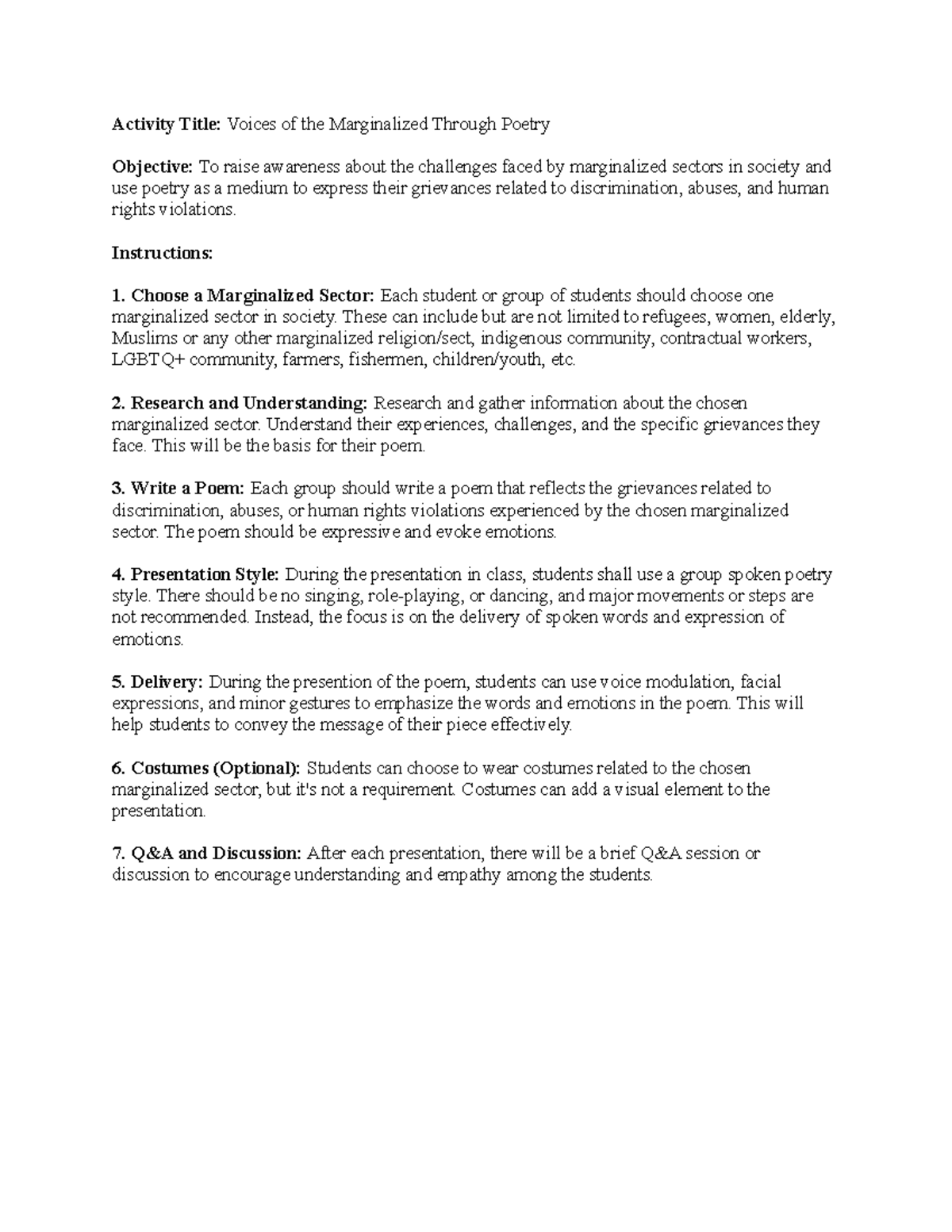 Spoken Poetry Instructions and Rubric - Activity Title: Voices of the ...