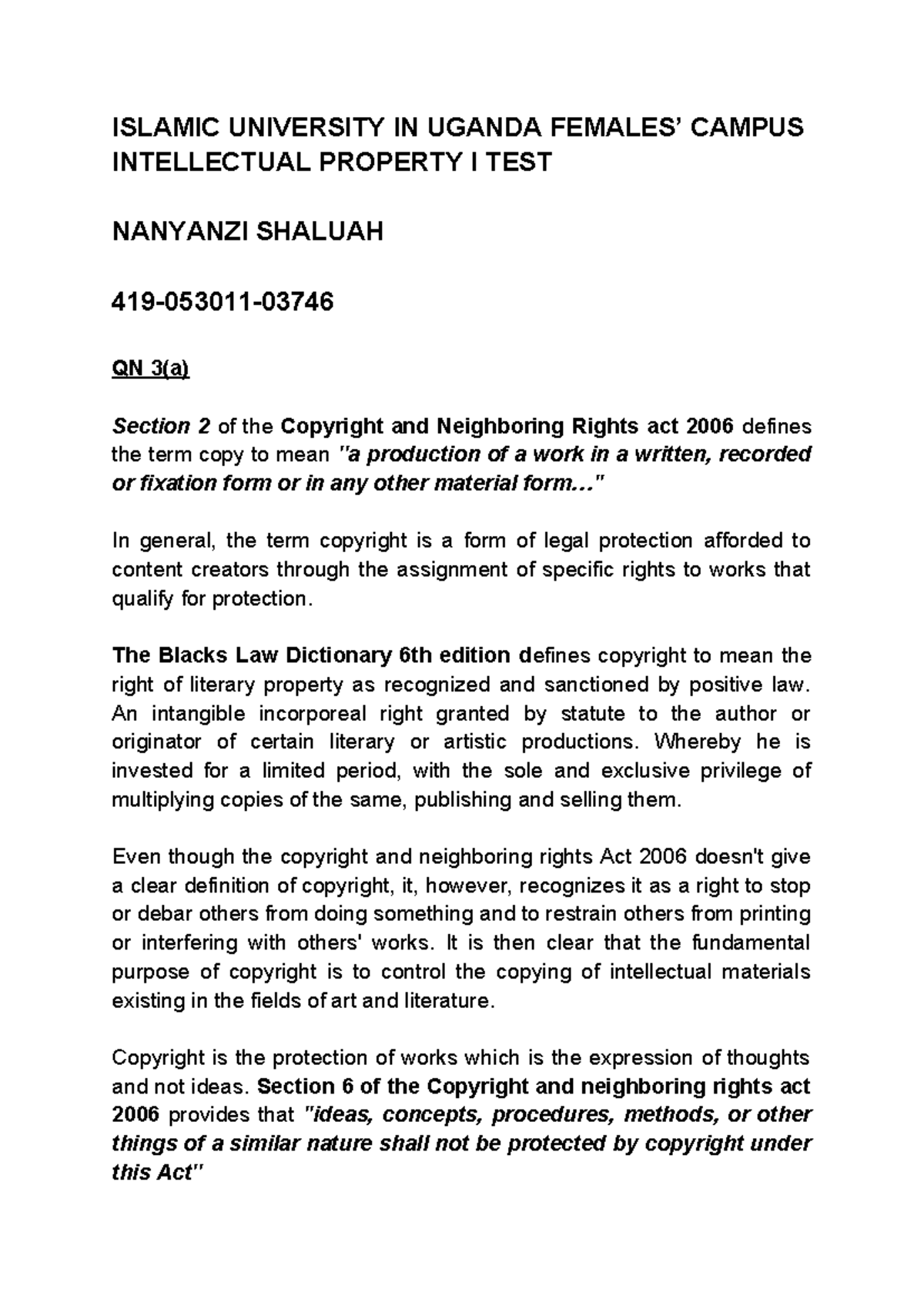 IP 1 TEST - abridged notes - ISLAMIC UNIVERSITY IN UGANDA FEMALES ...