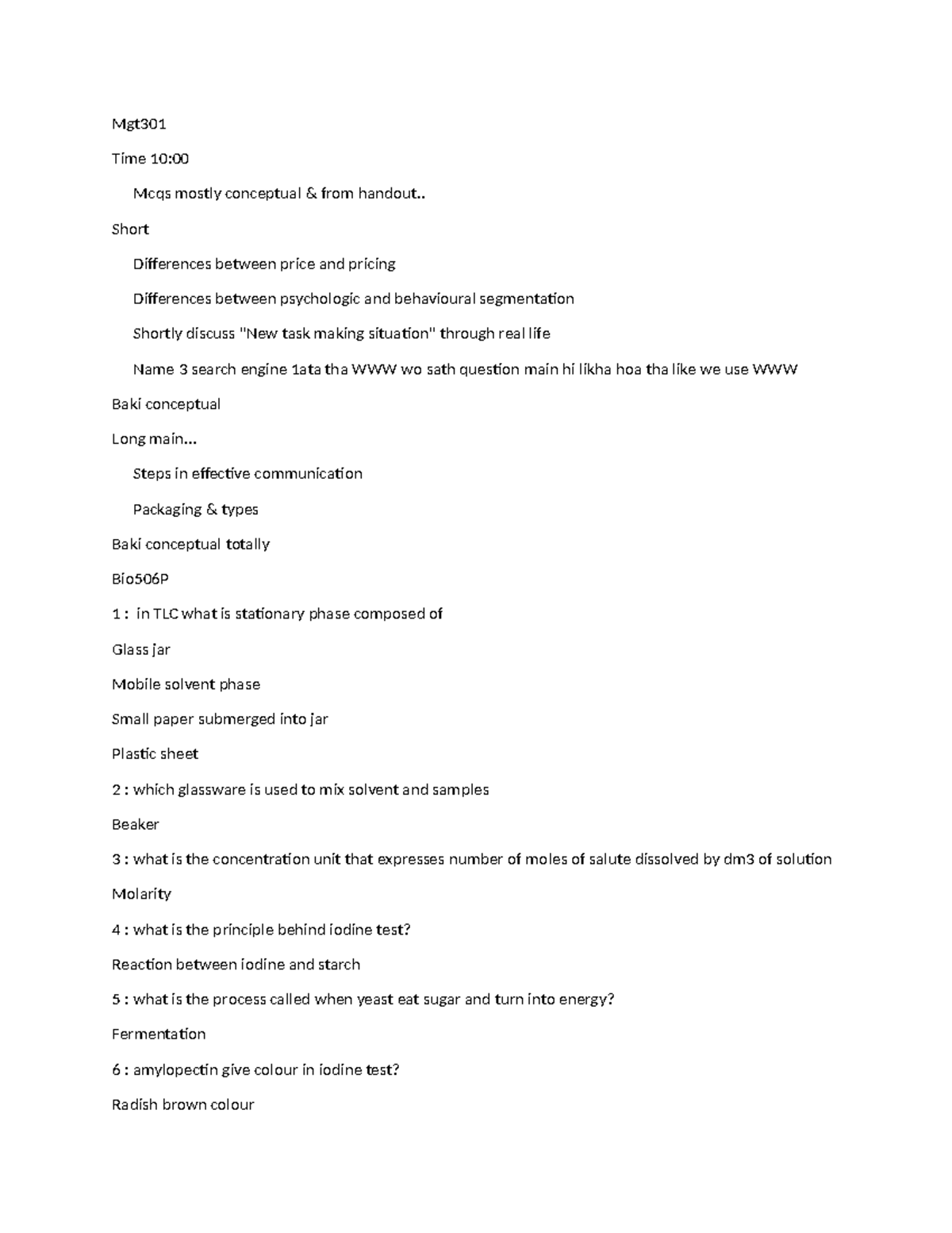 Finals Current Papers VU Students - Mgt Time 10: 💫Mcqs mostly conceptual & from handout.. Short ...