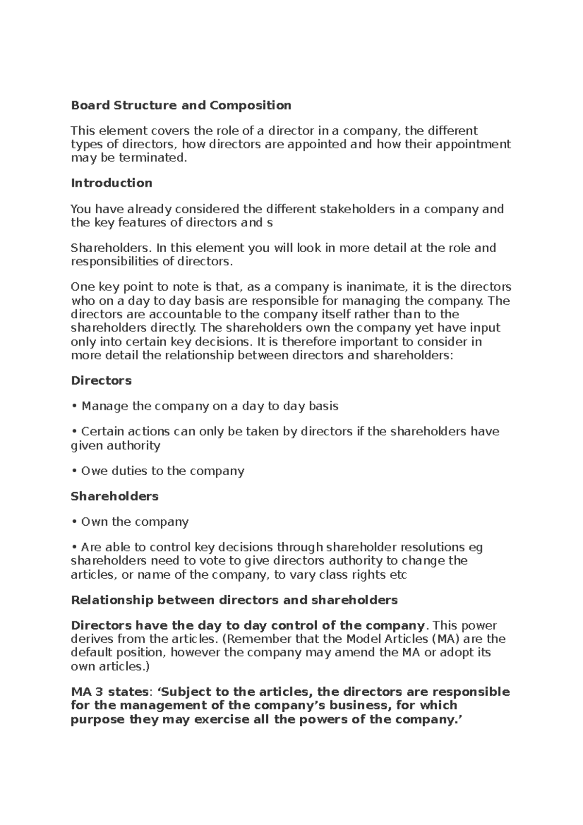 Directors Duties - Board Structure and Composition This element covers ...