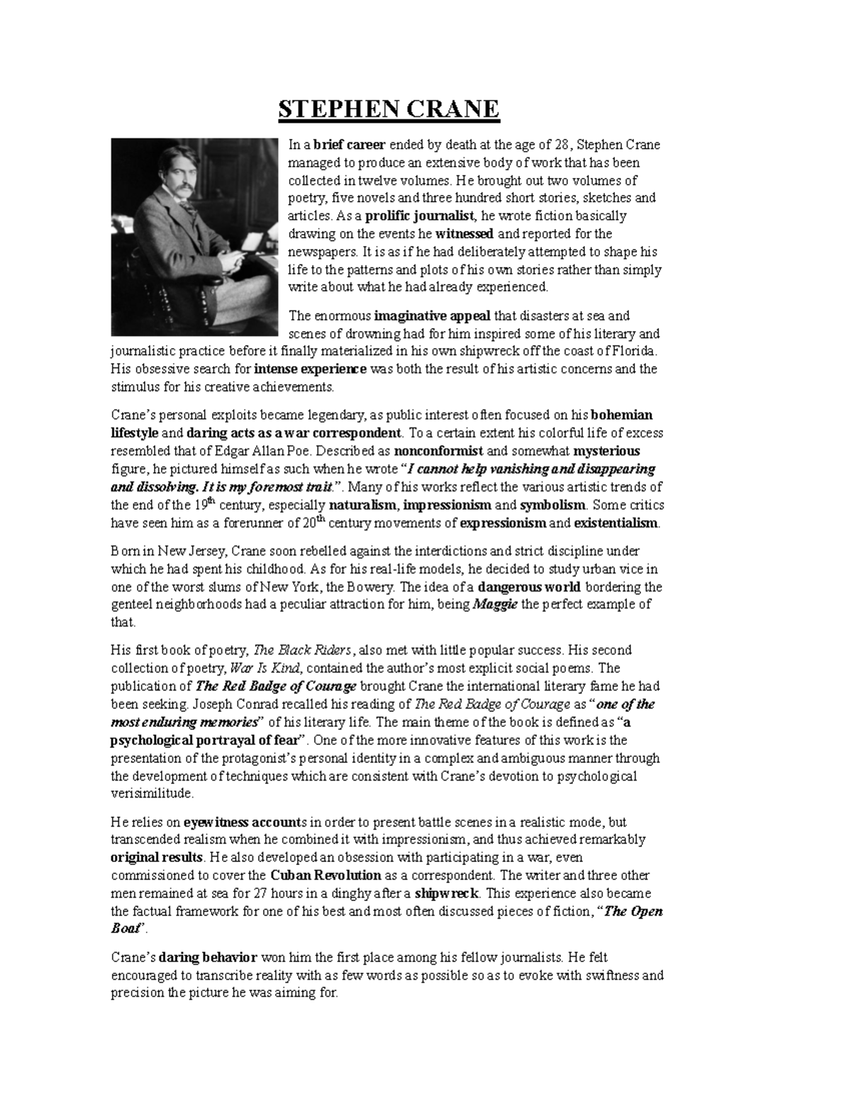 Stephen Crane - Summary and exploratory questions related to the author ...