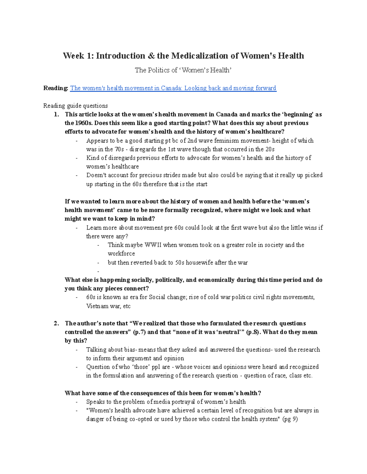 Women and Health Lecture Notes - Week 1: Introduction & the ...