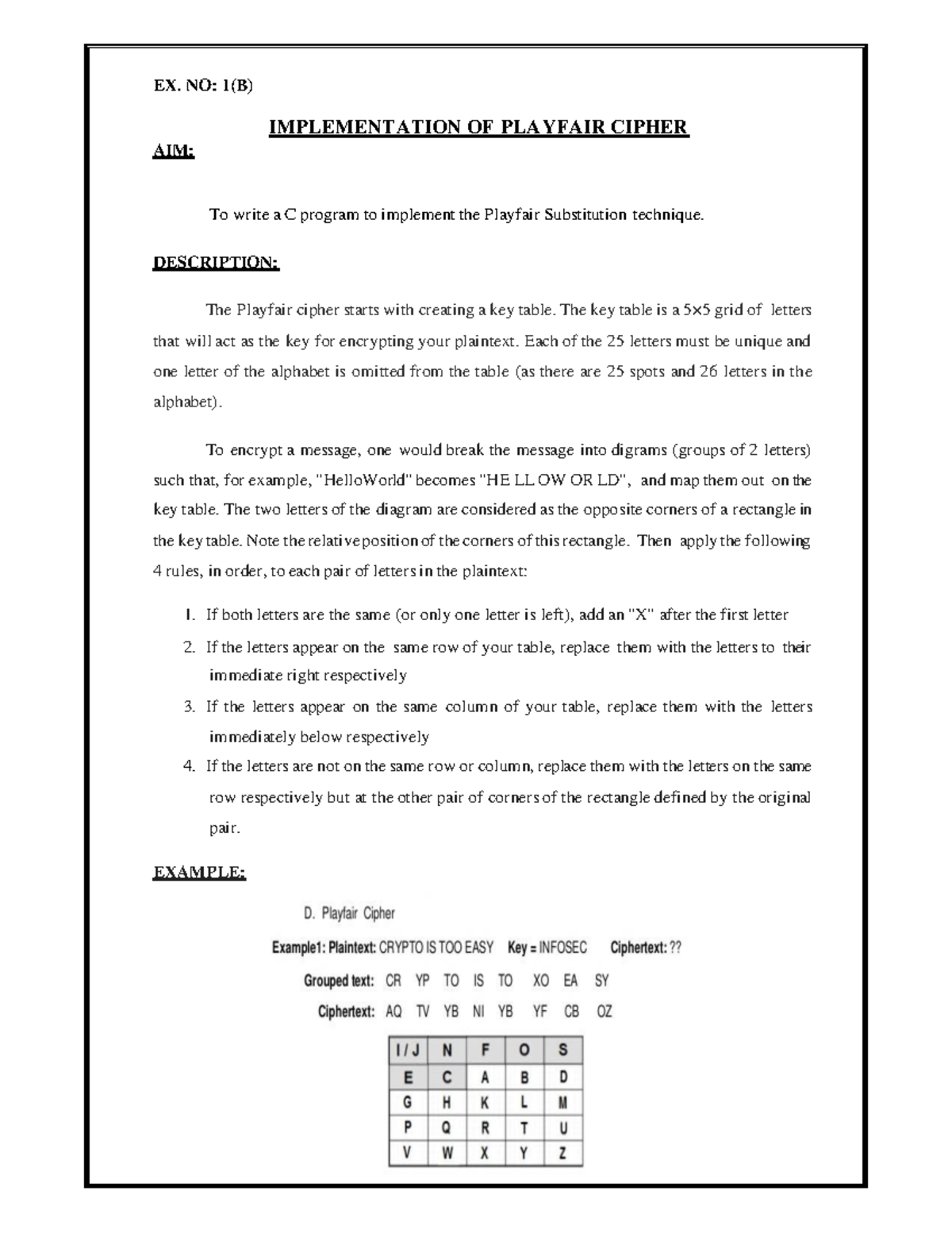 2 - cyber security lab - EX. NO: 1(B) AIM: IMPLEMENTATION OF PLAYFAIR ...