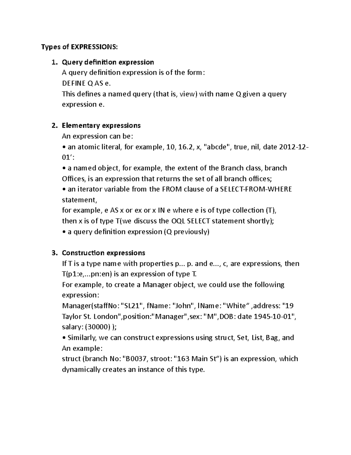 Types of Expression-OQL - Types of EXPRESSIONS: Query definition ...