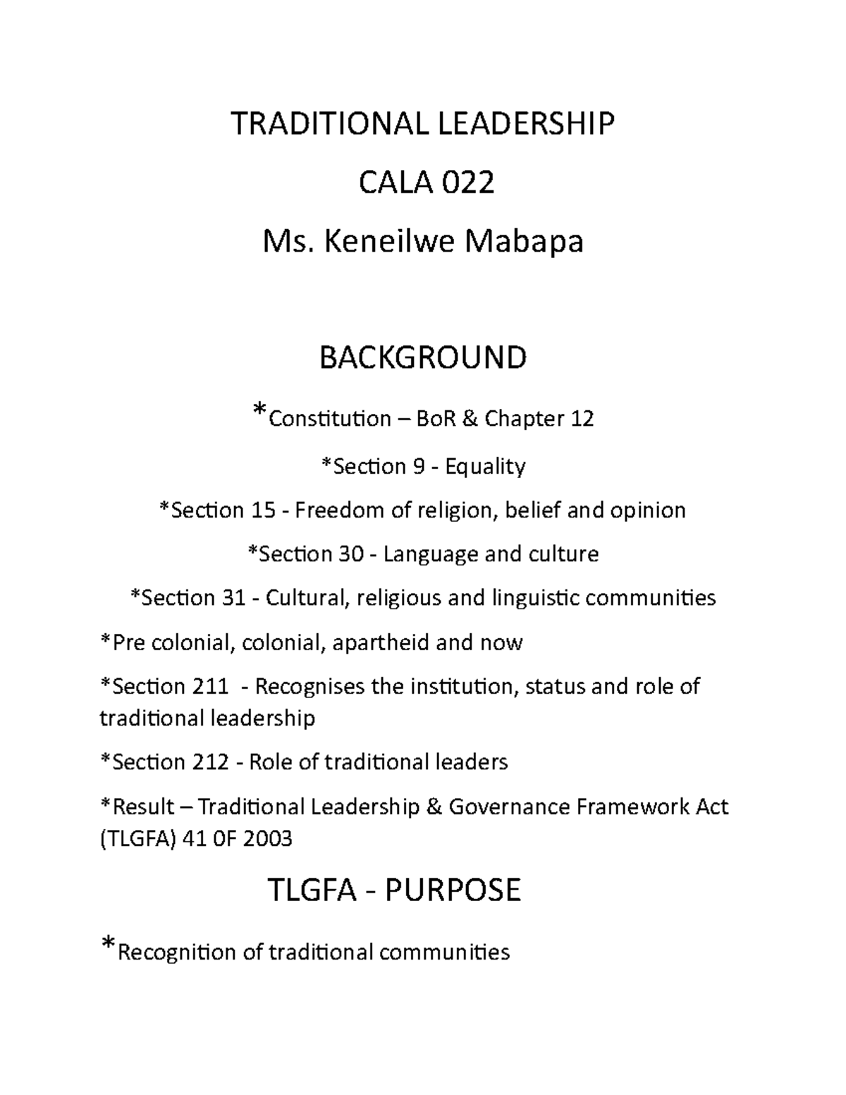Traditional Leadership - TRADITIONAL LEADERSHIP CALA 022 Ms. Keneilwe ...