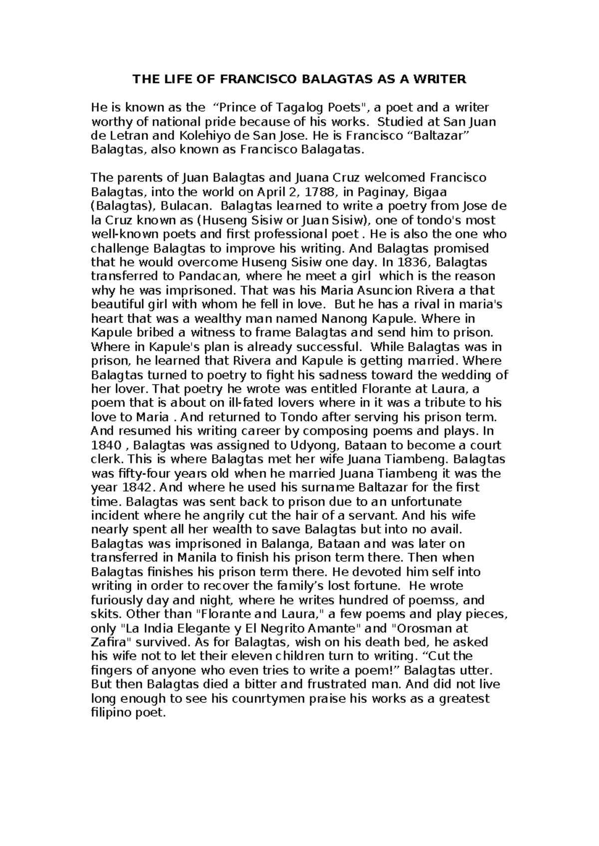 THE LIFE OF Francisco Balagtas AS A Writer - THE LIFE OF FRANCISCO ...