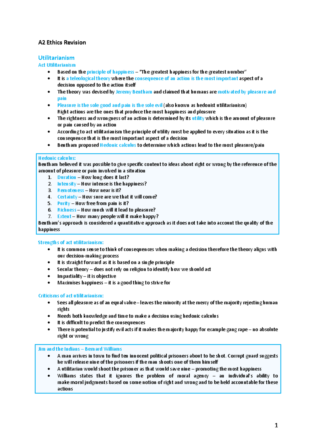 A2 Ethics Revision 2018 - A2 Ethics Revision Utilitarianism Act Utilitarianism - Based on the ...