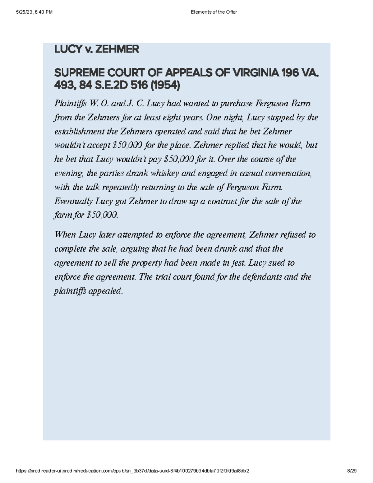 Elements of the Offer in Lucy v. Zehmer Case - Studocu