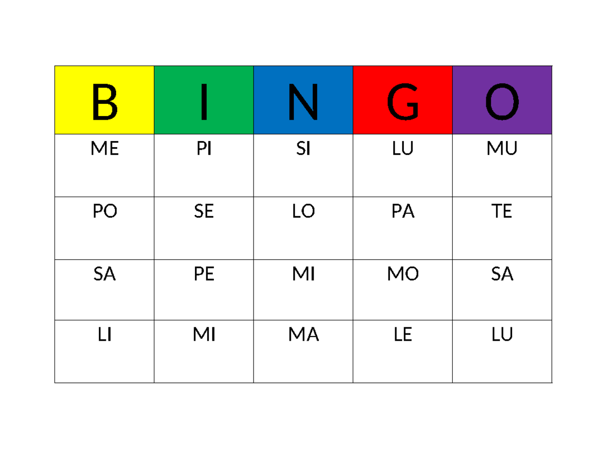 Bingo M P S L - lenguaje - ME PI SI LU MU PO SE LO PA TE SA PE MI MO SA ...
