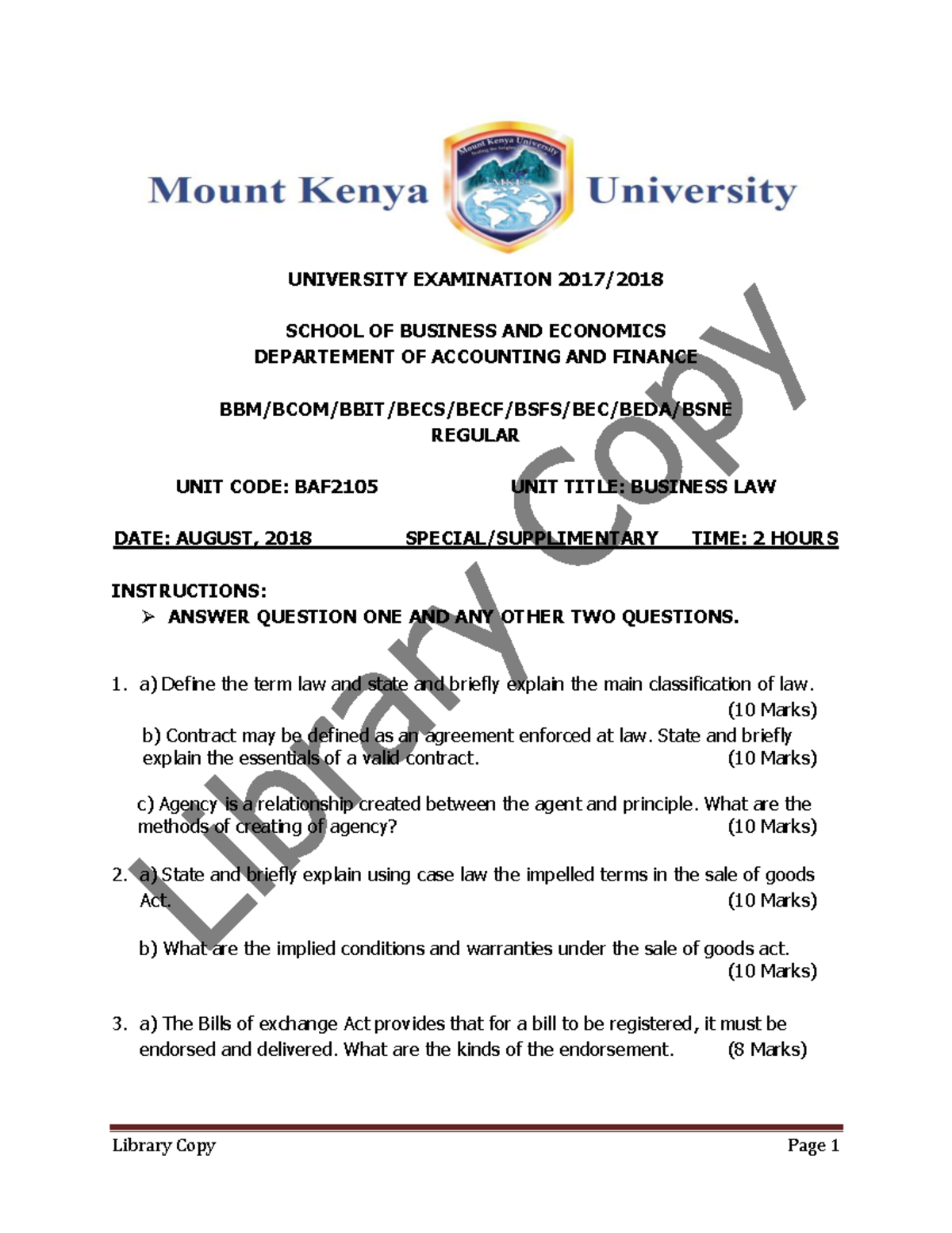 Baf2105 Business Law Reg Supp Library Copy Page 1 University Examination 2017 School Of