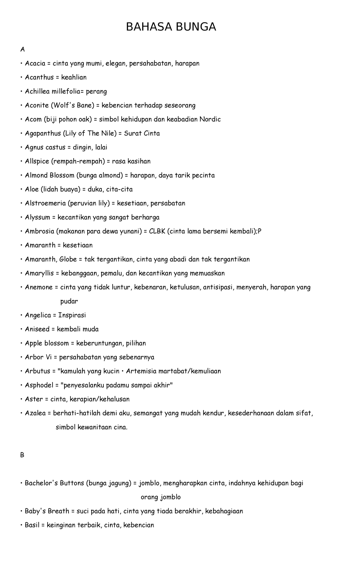 Bahasa Bunga - ... - BAHASA BUNGA A Acacia = cinta yang mumi, elegan ...