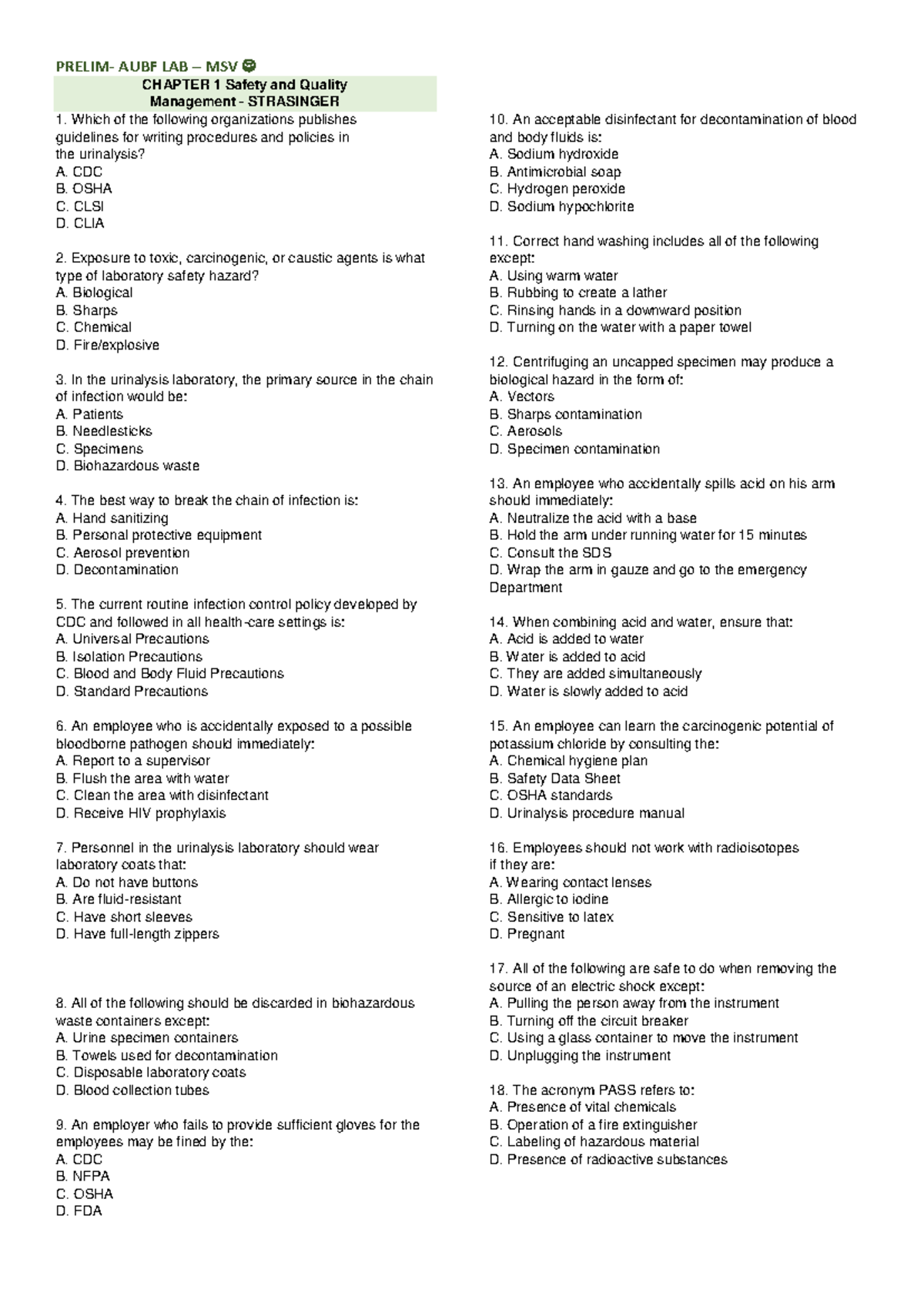 Prelim - AUBF LAB Practice Questions - CHAPTER 1 Safety and Quality ...