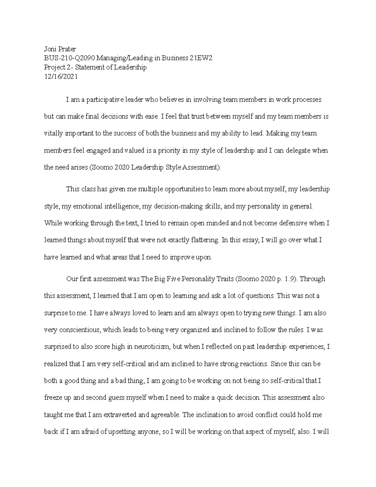 BUS 210 Project 2 Final Journal - Joni Prater BUS-210-Q2090 Managing ...