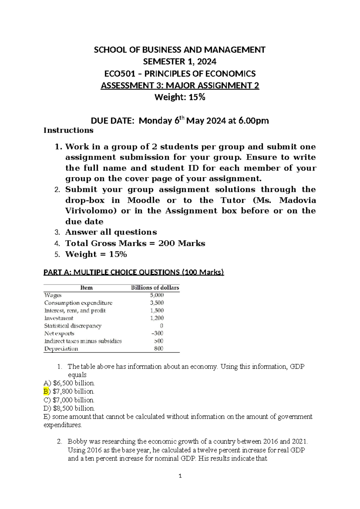 Assignment 2 Questions - SCHOOL OF BUSINESS AND MANAGEMENT SEMESTER 1 ...