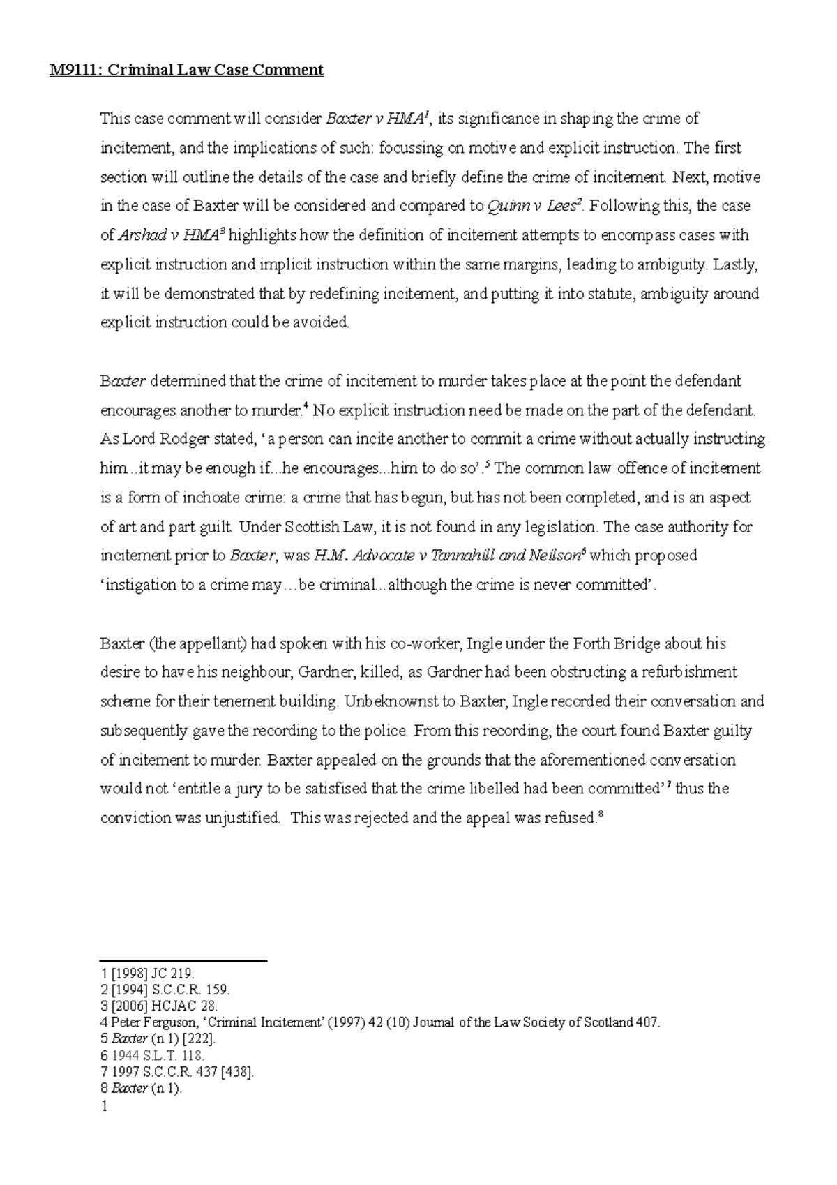 M9111 Case Comment - Grade: 72% - M9111: Criminal Law Case Comment This ...