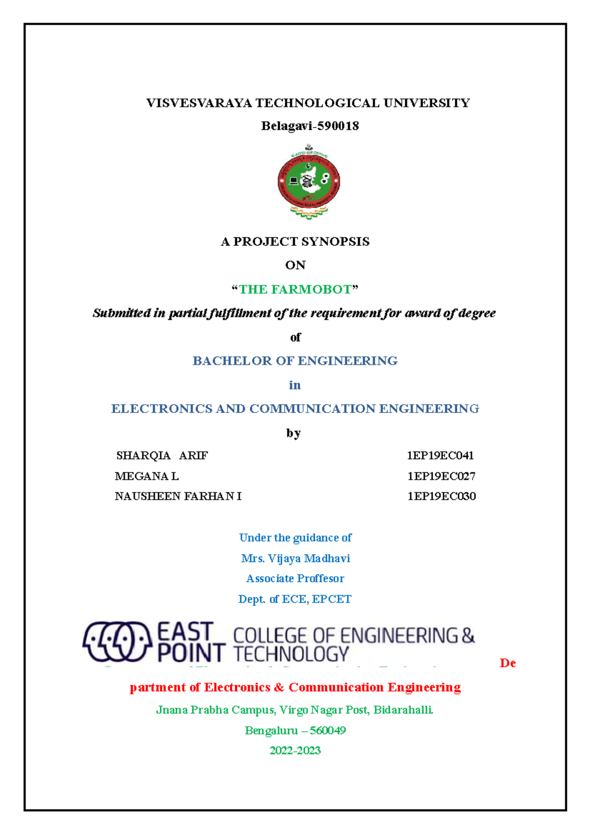 Farmabot synopsis - VISVESVARAYA TECHNOLOGICAL UNIVERSITY Belagavi- A ...