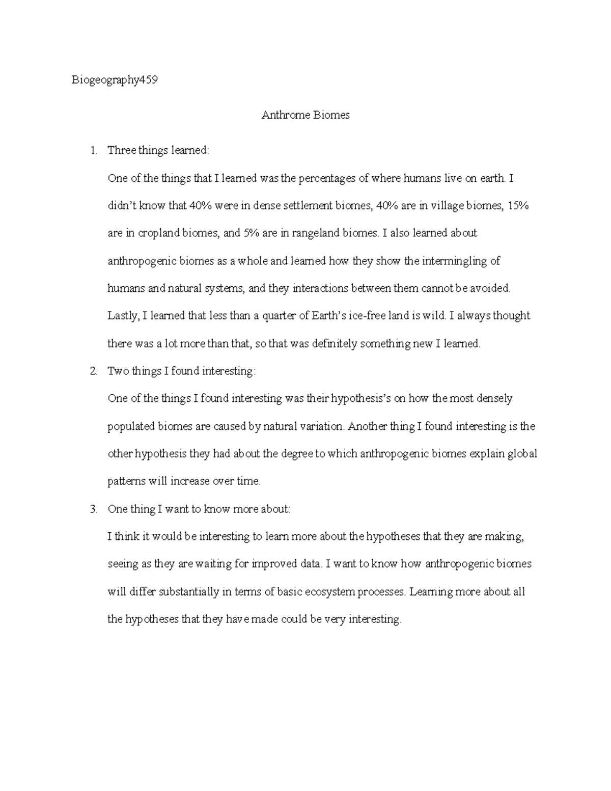 Anthrome Biomes - homework assignment - Biogeography Anthrome Biomes ...