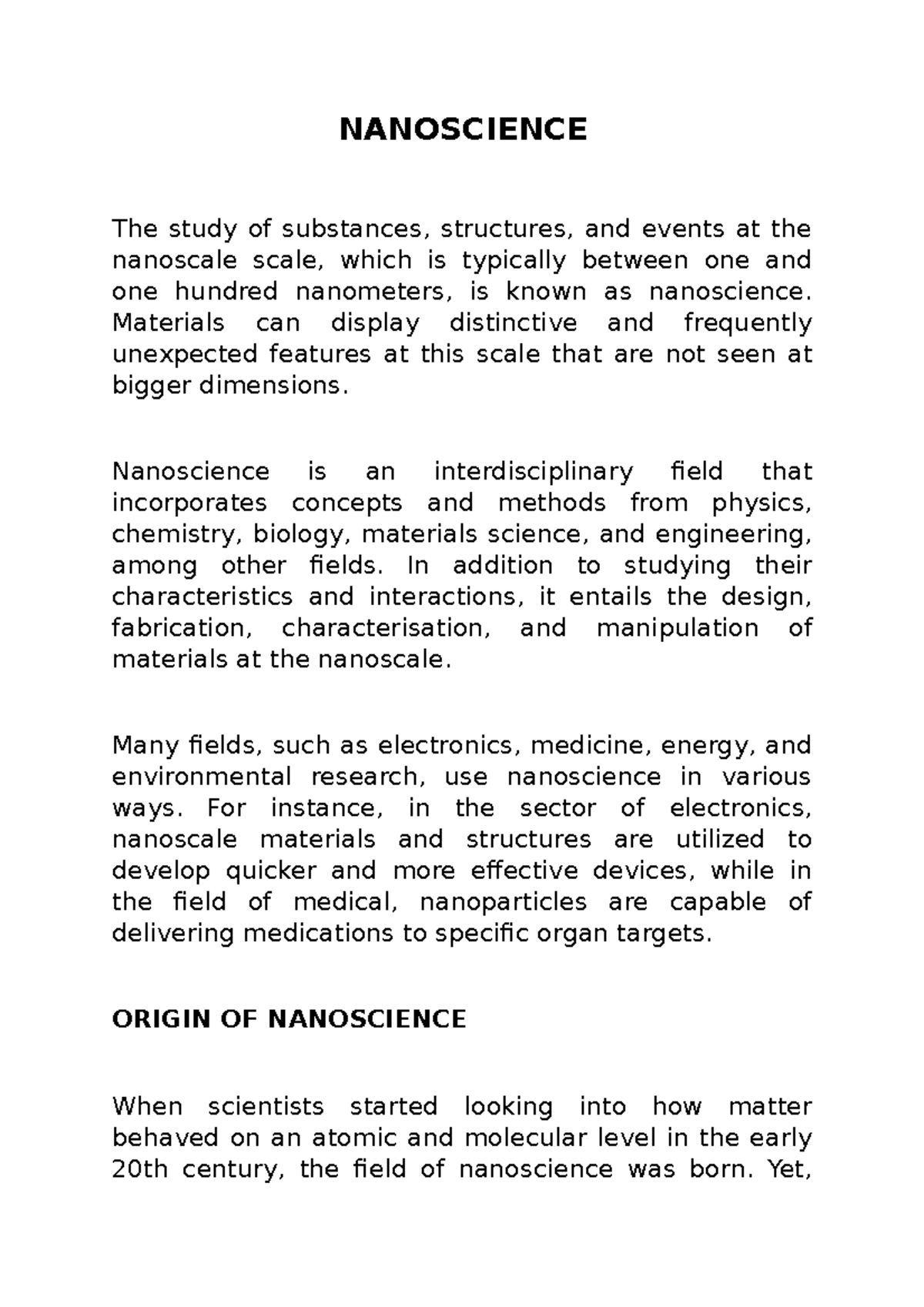 Nanoscience - NOTES - NANOSCIENCE The study of substances, structures ...