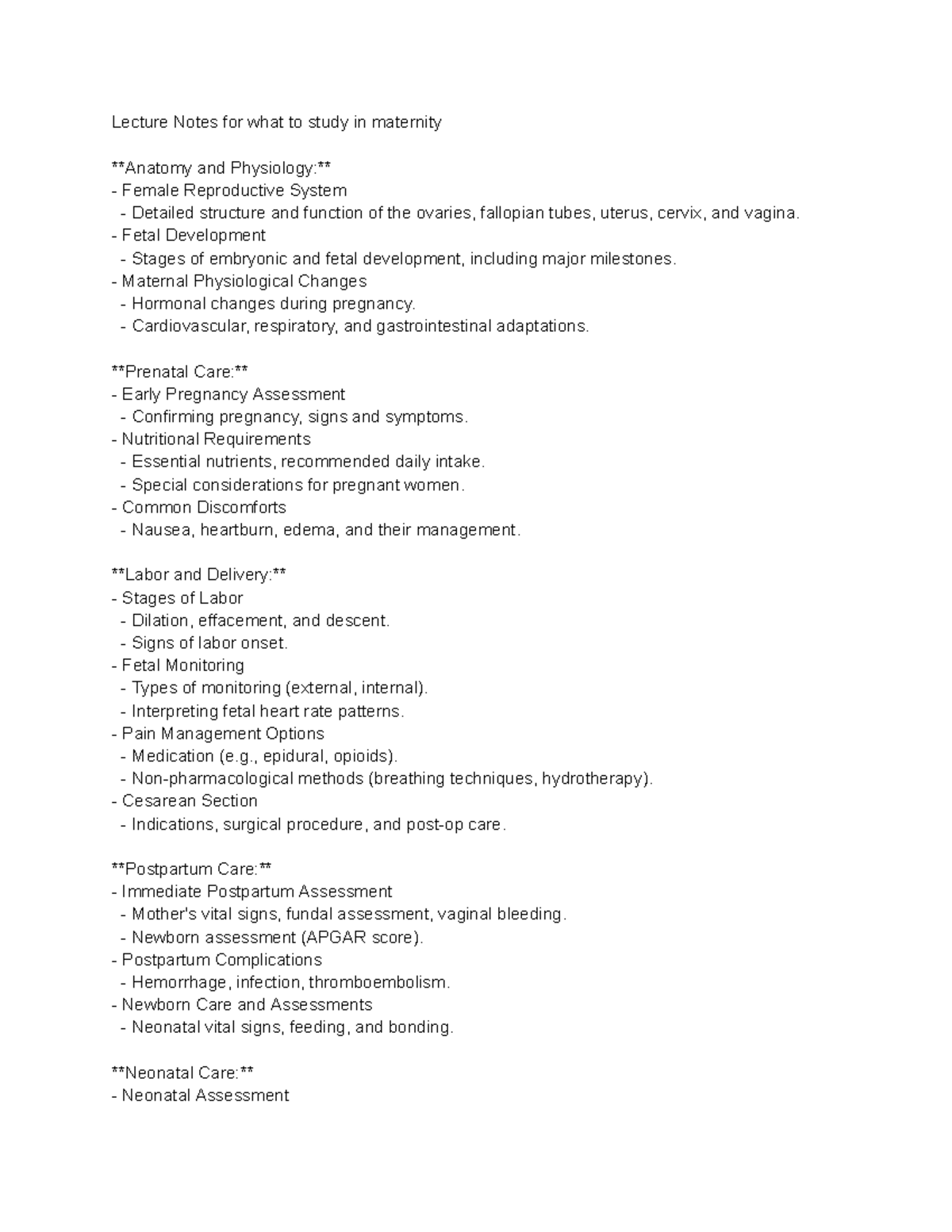 Intro To Maternity - Lecture notes for what to study during this course ...