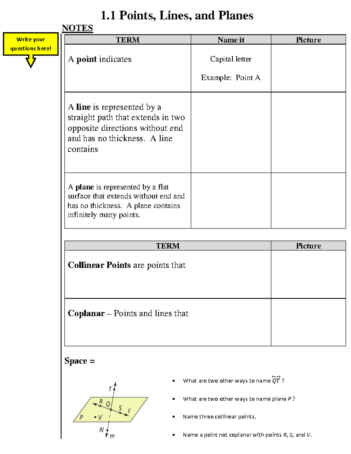 1.1 Points Lines, AND Planes - ####### Write your ####### questions ...