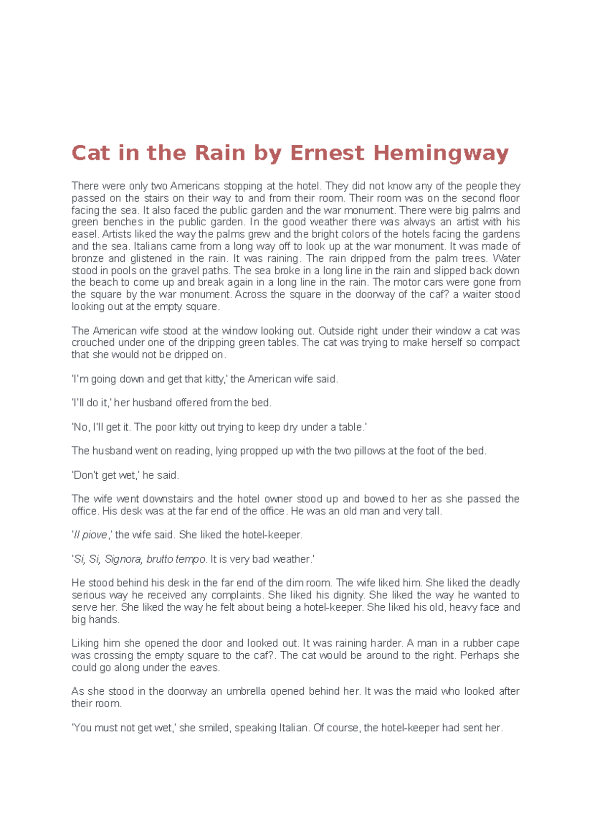EP1 Cat in the Rain Ernest Hemingway - Cat in the Rain by Ernest ...