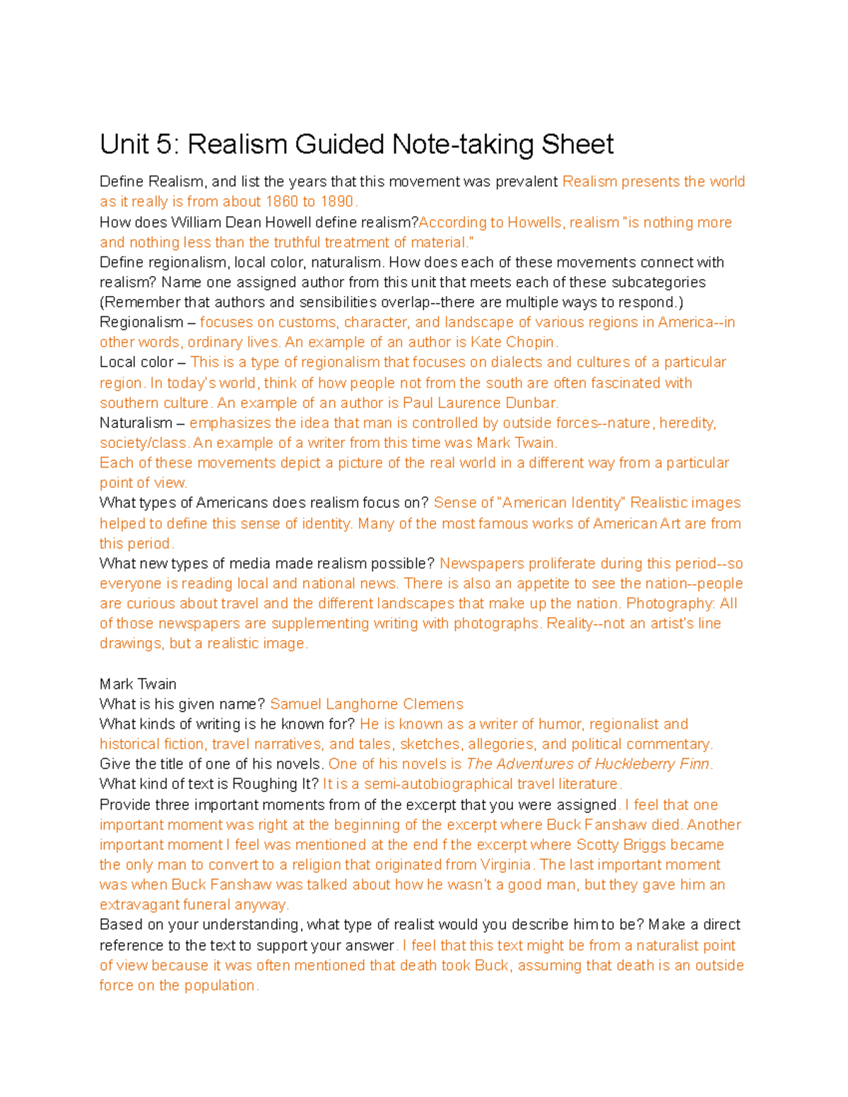 Unit 5 Realism Guided Note-taking Sheet - How does William Dean Howell ...