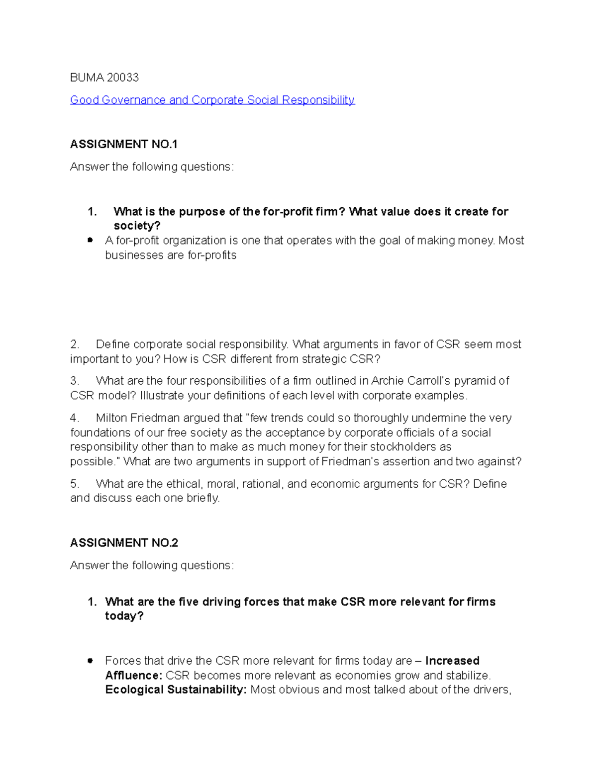 BUMA Assignments - ASSIGNMENT FOR BUMA - BUMA 20033 Good Governance and ...