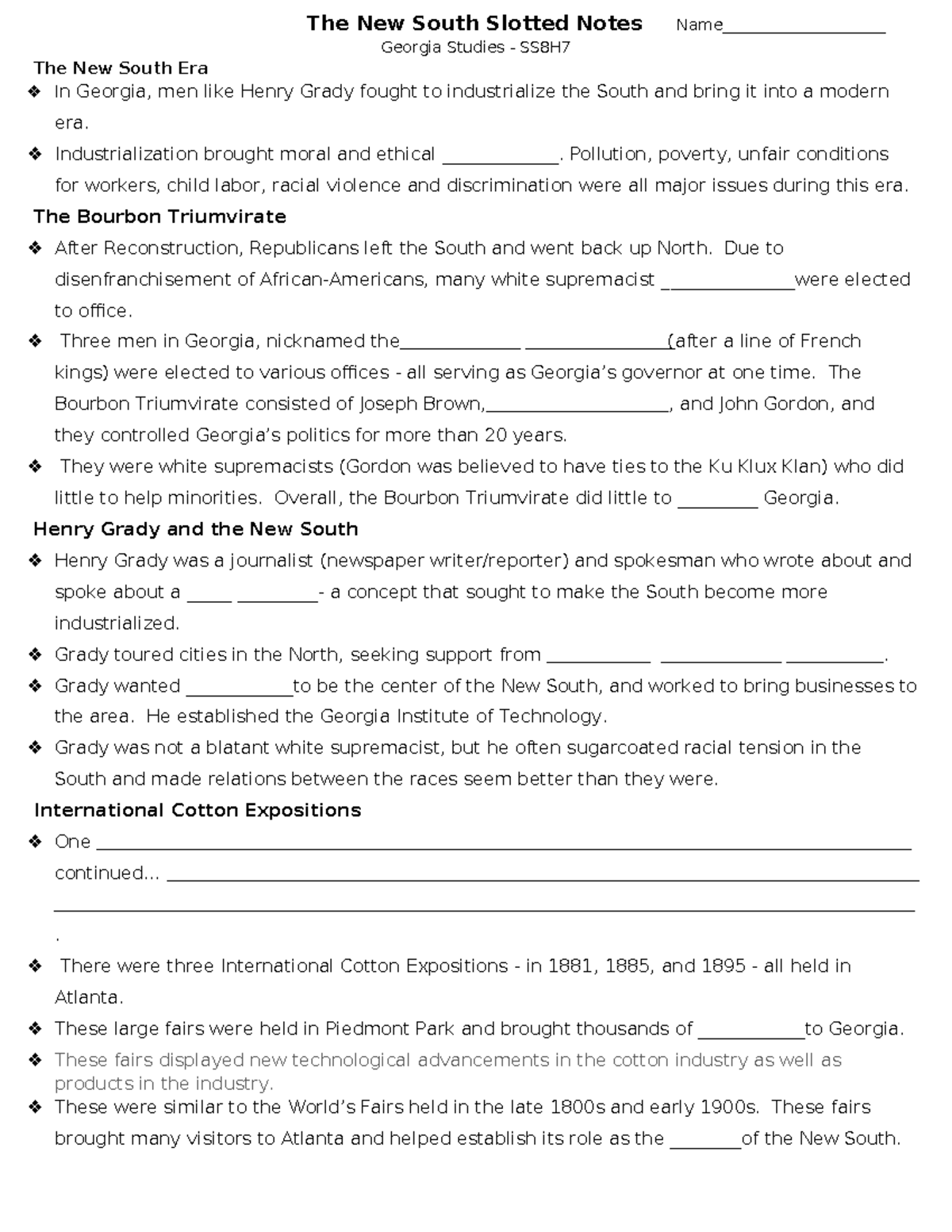 New South notes- SS8H7 - hi im a student - The New South Slotted Notes ...