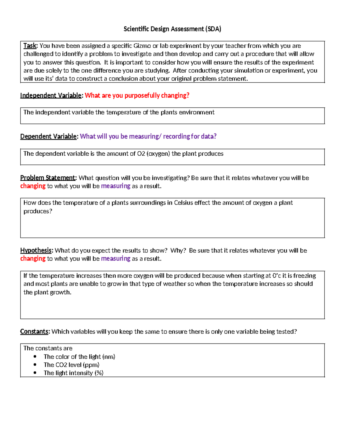 SDA Photosynthesis copy - Scientific Design Assessment (SDA) Task: You ...