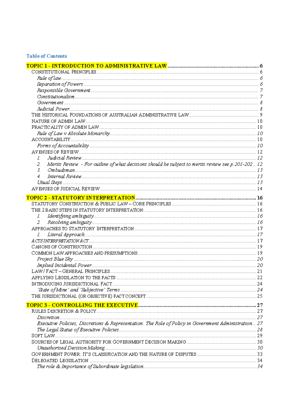 Admin Law notes to print please - Table of Contents TOPIC 1 ...