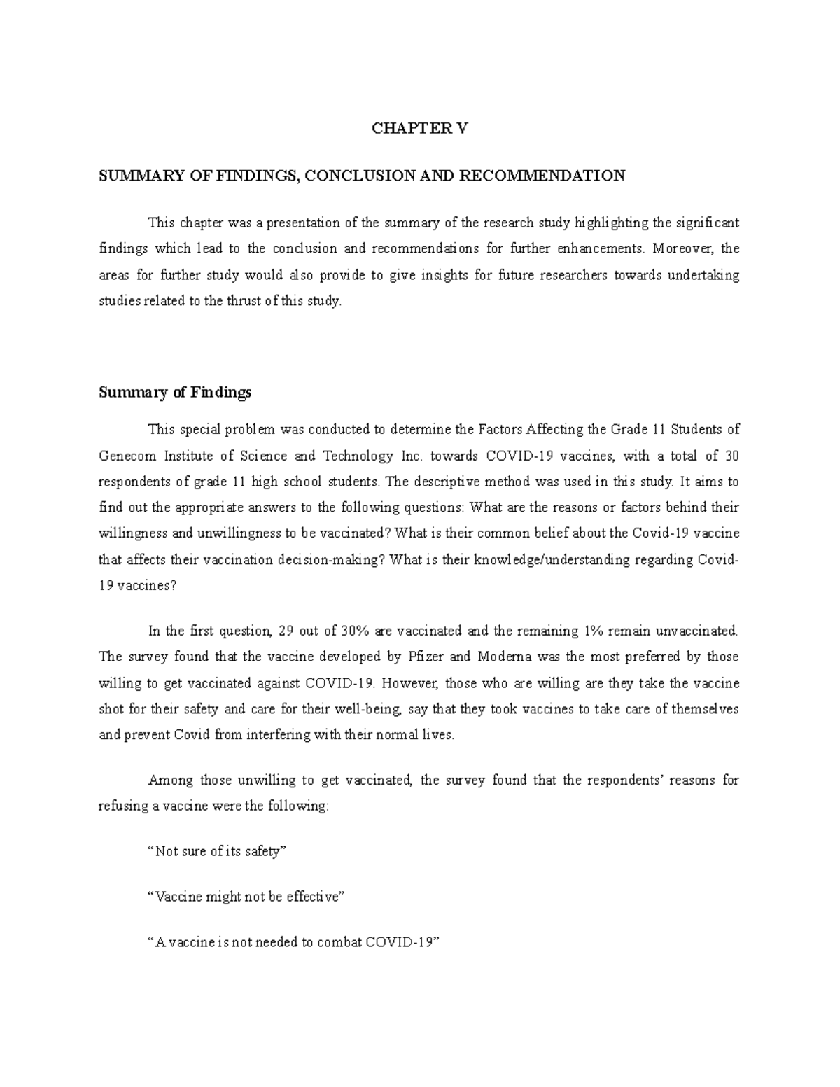 Chapter V Research Paper CHAPTER V SUMMARY OF FINDINGS CONCLUSION