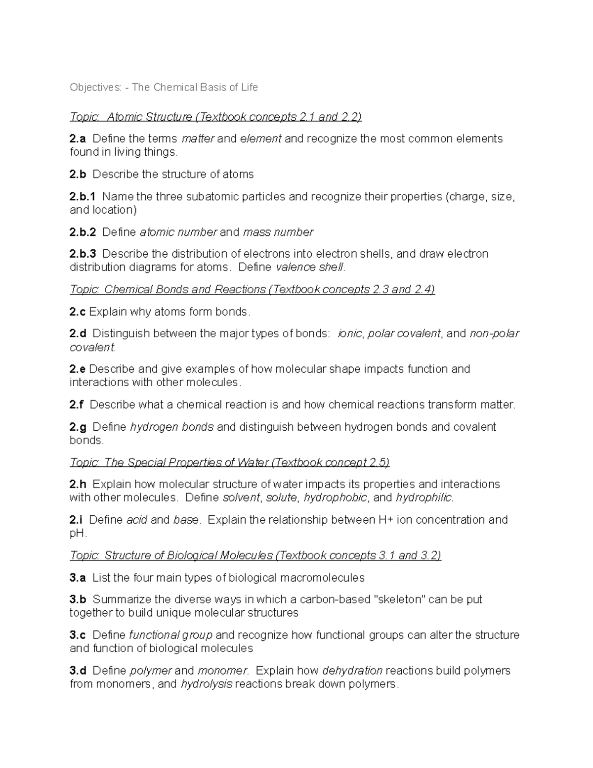 Chapter 2 - lecture notes - Objectives: - The Chemical Basis of Life ...