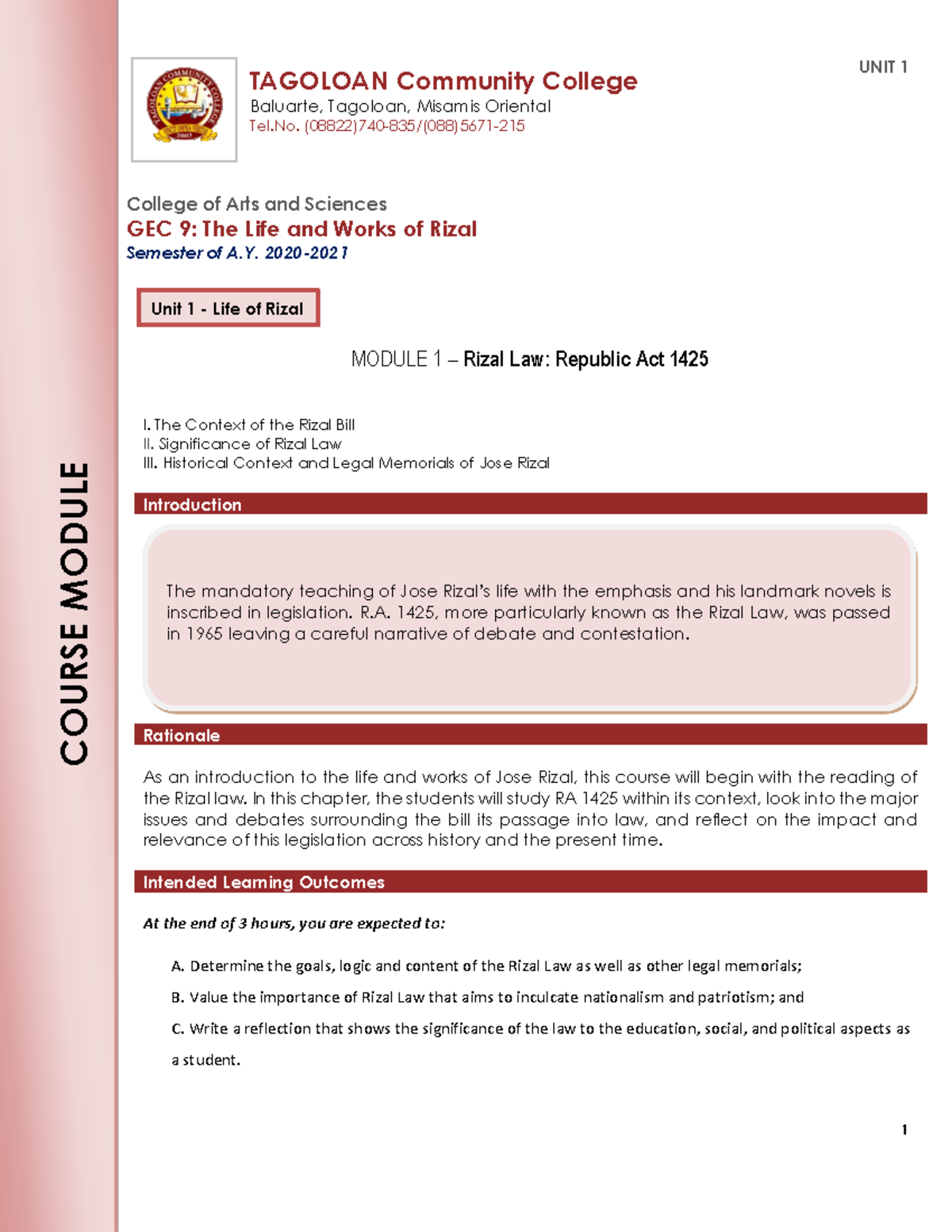 GEC 9 - UNIT 1 Module 1 - Hope it will help - COURSE MODULE College of Arts and Sciences GEC 9 ...