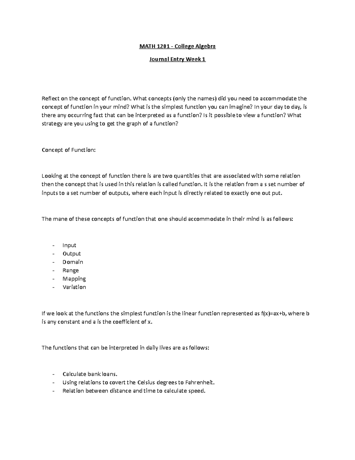 U of people college algebera week 1 journal entry 1 - MATH 1201 ...