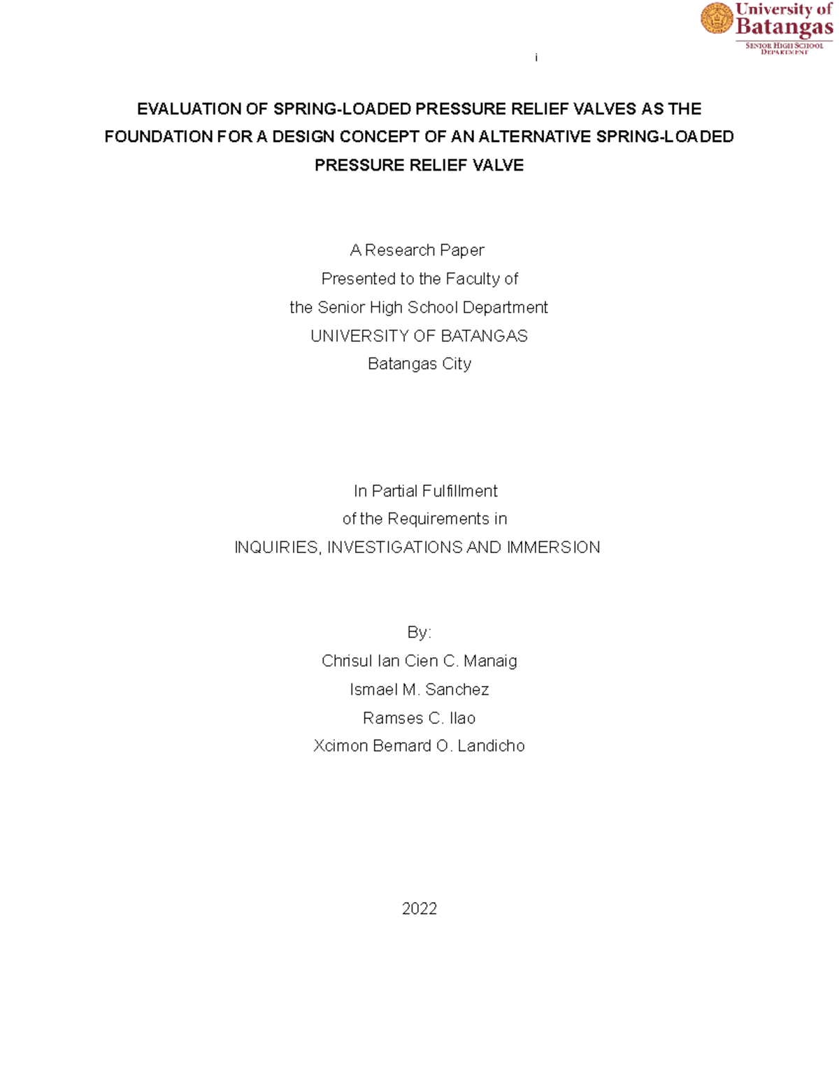 Final Research Paper - EVALUATION OF SPRING-LOADED PRESSURE RELIEF ...