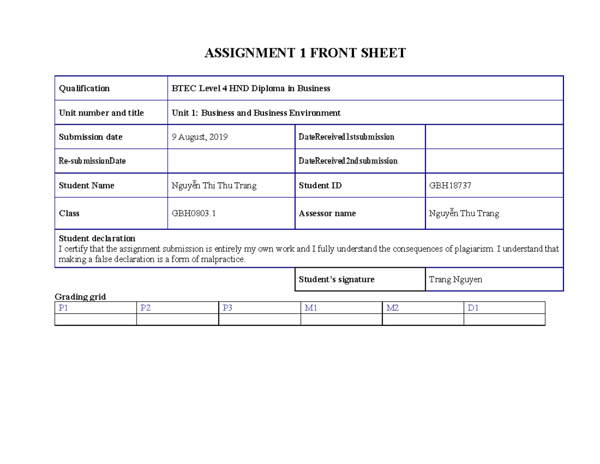 Trang NTT GBH18737 485 ASM1 - ASSIGNMENT 1 FRONT SHEET Qualification BTEC Level 4 HND Diploma in ...