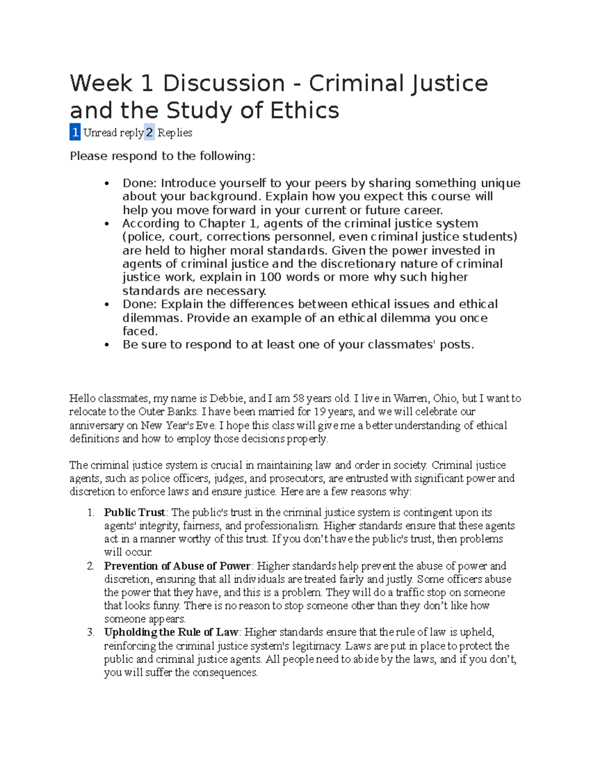 Week 1 Discussion Ethics - Week 1 Discussion - Criminal Justice and the ...
